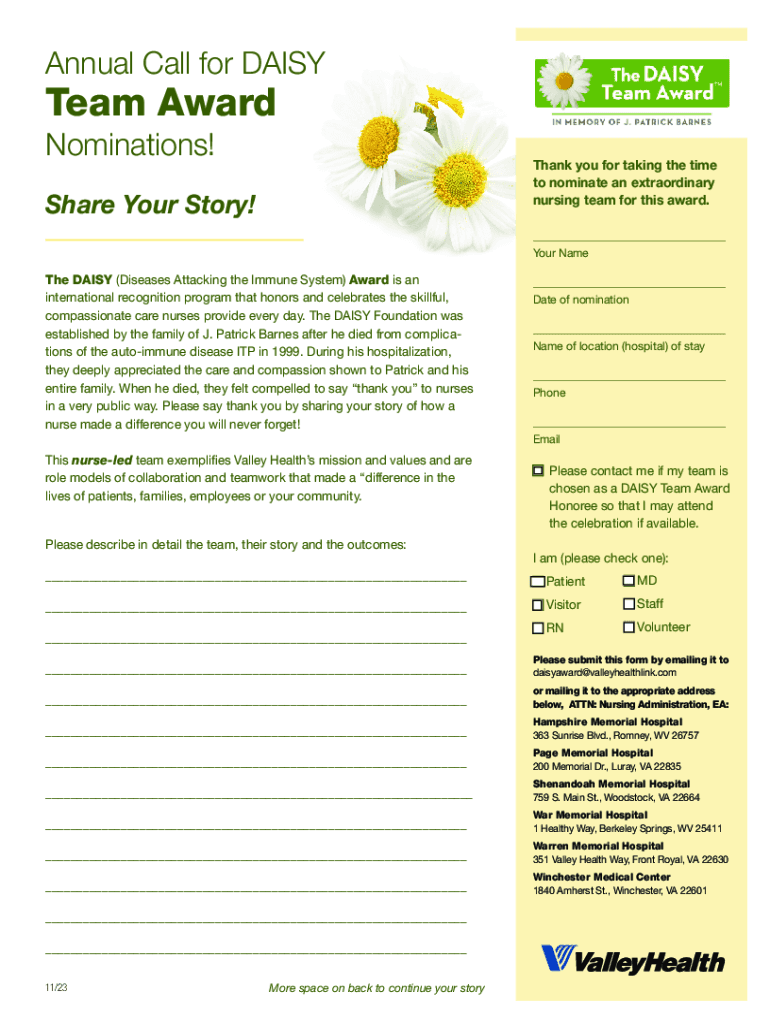 Fillable Online The DAISY Award For Extraordinary Nurses Nomination ... Fax Email Print - pdfFiller