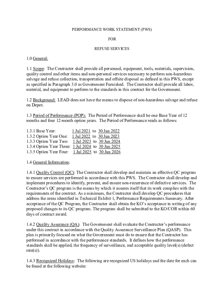 Fillable Online Performance Work Statement (PWS) for Mechanical ... Fax ...
