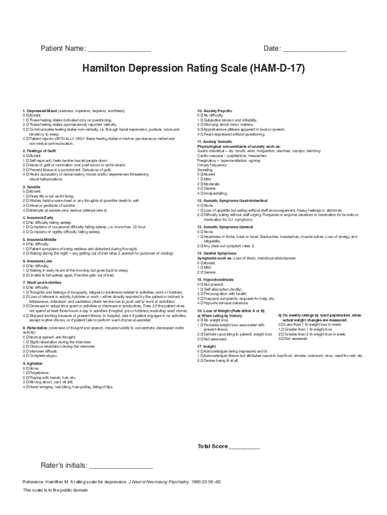 Fillable Online 1 SIGH-SAD (Ham-D) Summary Score Sheet Fax Email Print ...