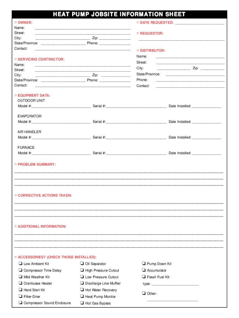 Fillable Online heat pump jobsite information sheet - Air Conditioning ...