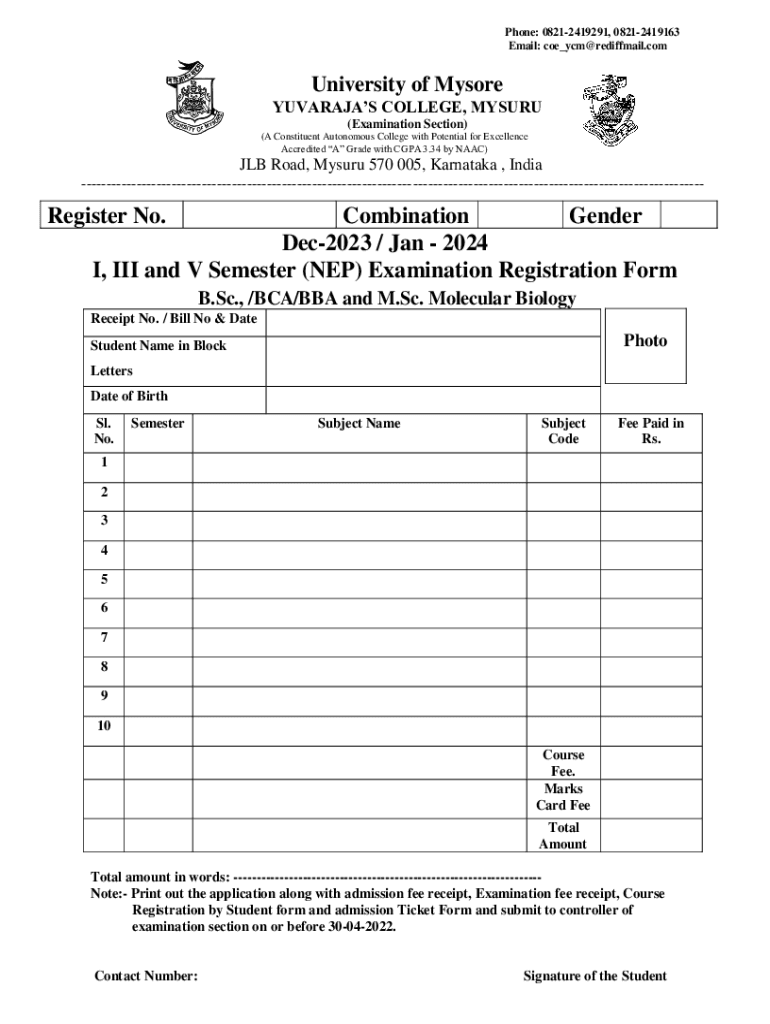 Fillable Online ycm uni-mysore ac 2024 I, III and V Semester (NEP ...