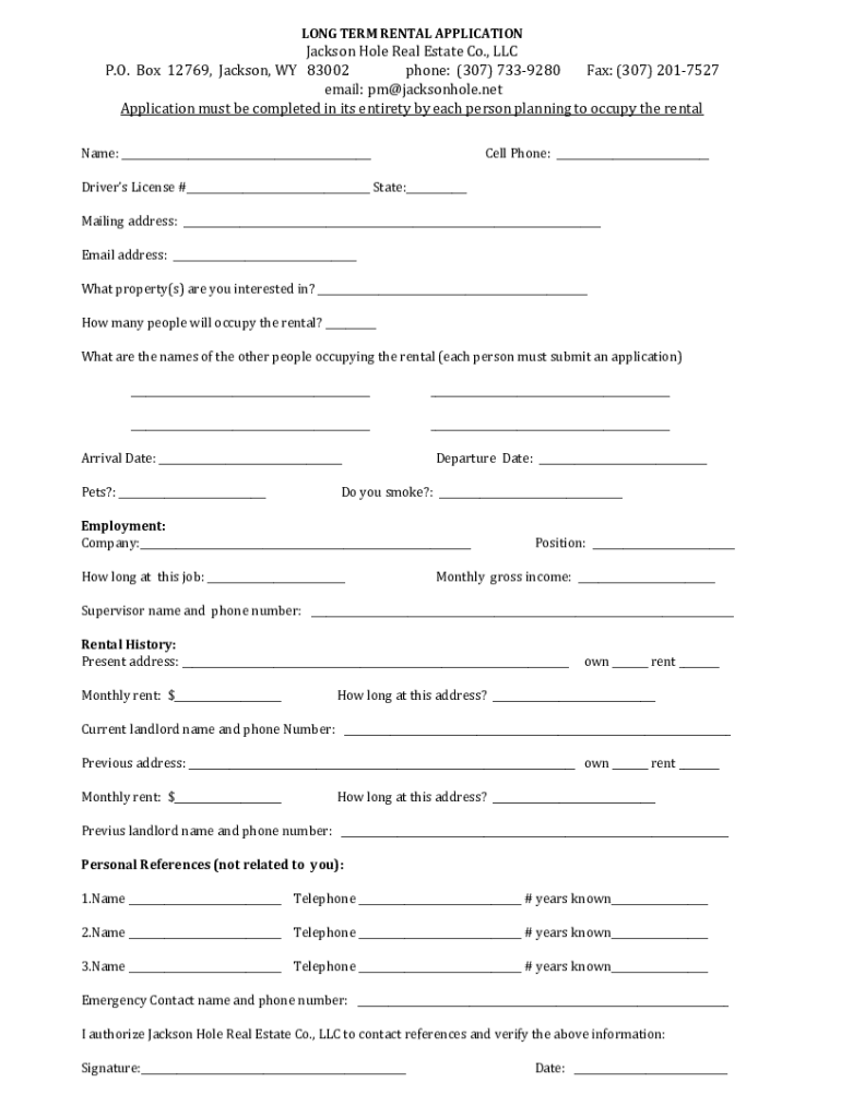 Fillable Online Long Term Rental Application - Jackson Hole ...