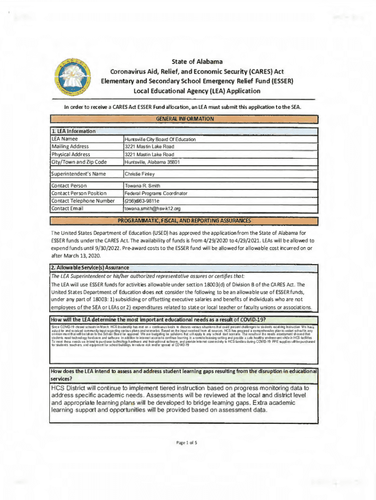 Fillable Online 159 Huntsville City Schools Approved CARES Act ESSER ...