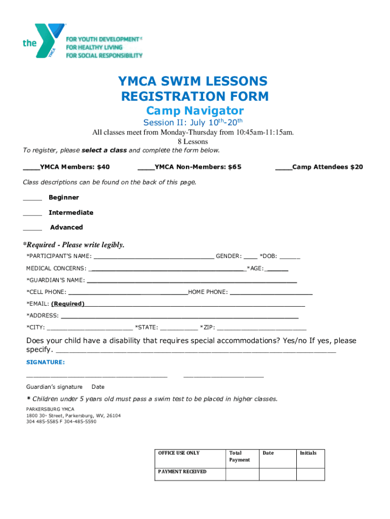Fillable Online YMCA SWIM LESSONS REGISTRATION FORM Fax Email Print ...