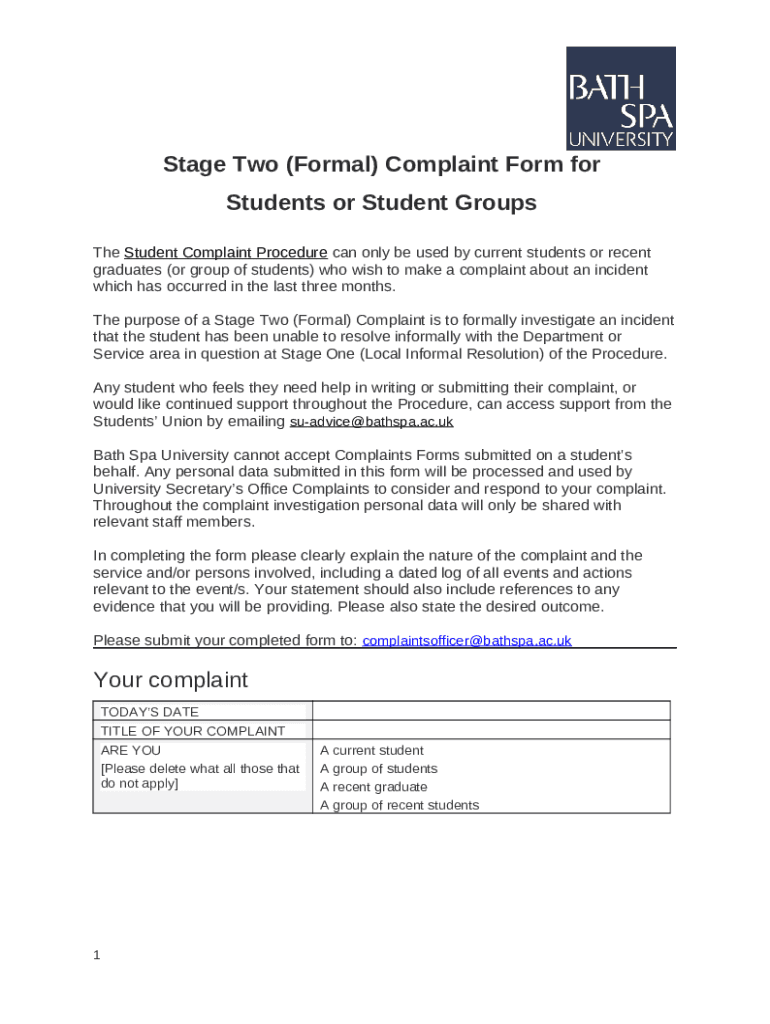 Stage Two (al) Complaint for Students or Student Groups Doc Template ...