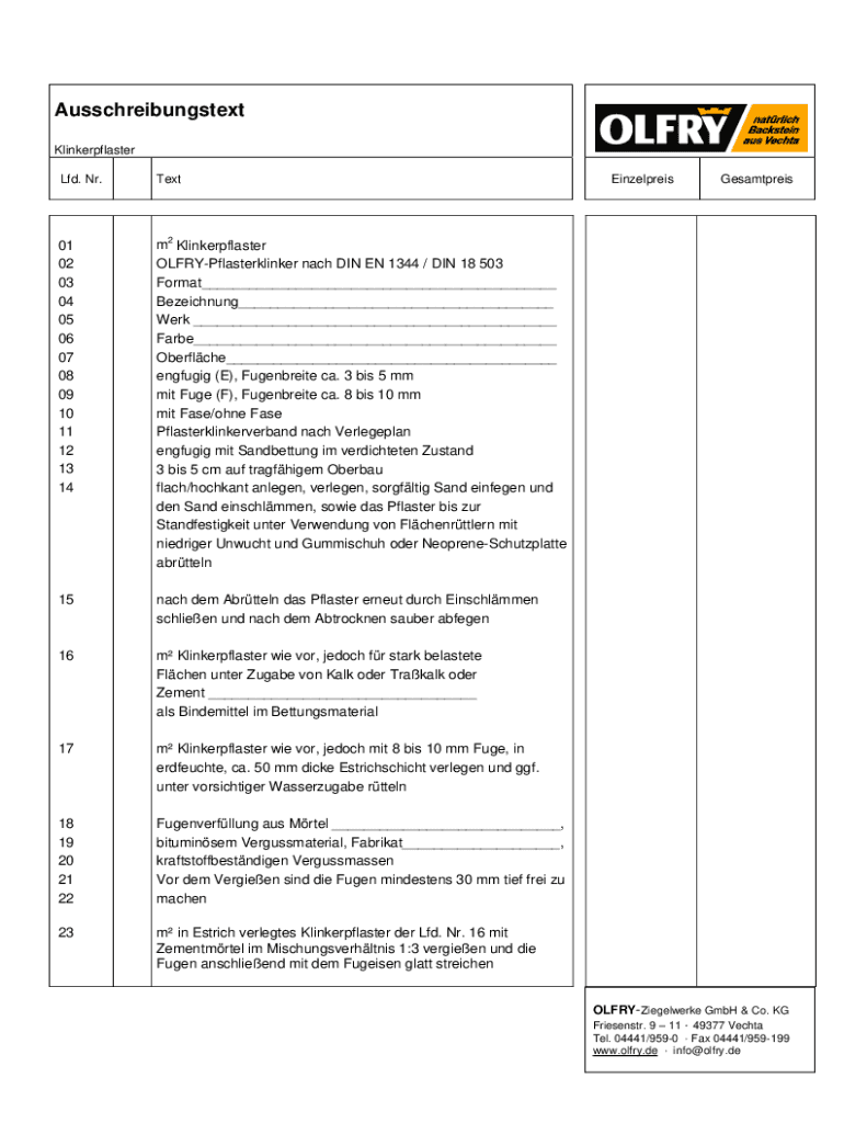 Ausfüllbar Online OLFRY-Pflasterklinker nach DIN EN 1344 / DIN 18 503 Fax Email Drucken - pdfFiller