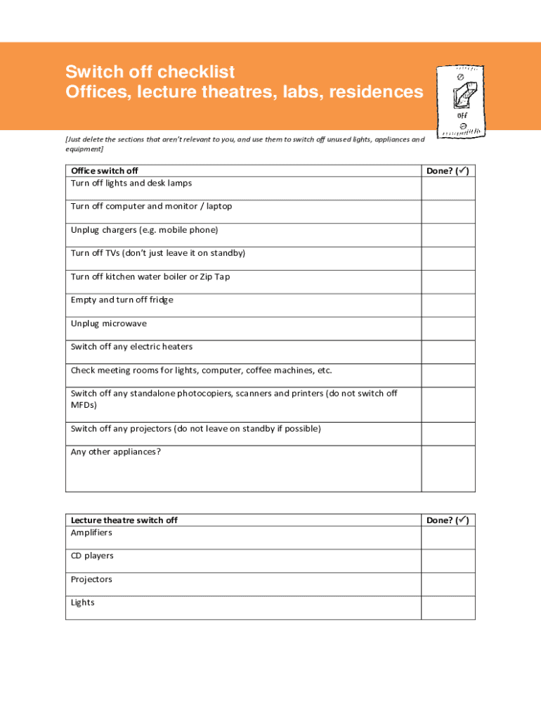 Fillable Online Switch off checklist Offices, lecture theatres, labs ...