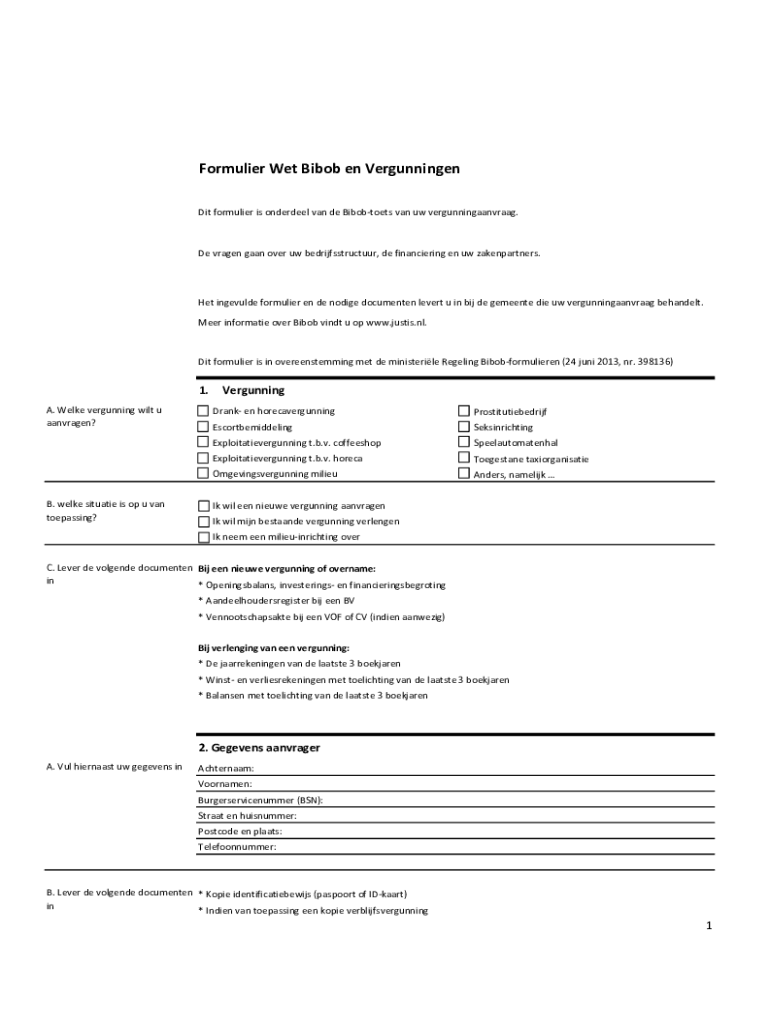Invulbaar Online Formulier Wet Bibob en Vergunningen (natuurlijk persoon) Faxnummer Email ...