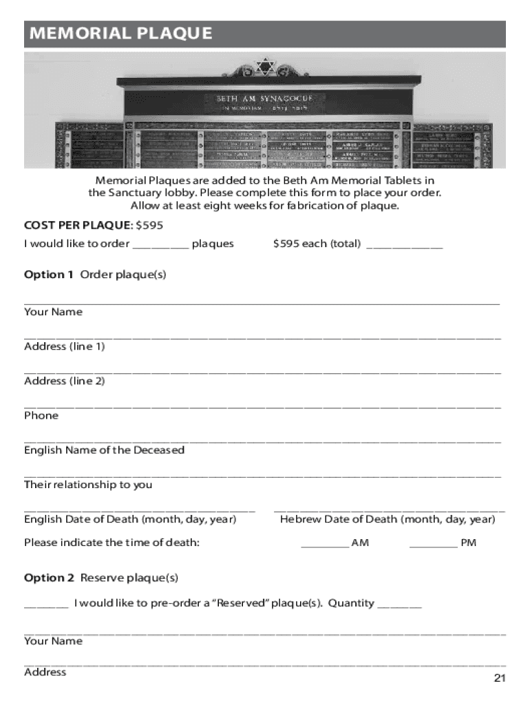 Fillable Online Memorial Plaque Form - Brooklyn Heights Synagogue Fax ...