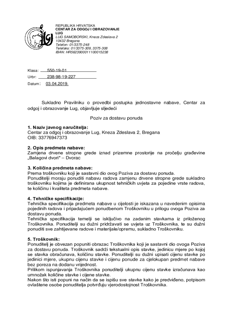 Fillable Online Sukladno Pravilniku o provedbi postupka jednostavne nabave, Centar za Fax Email ...