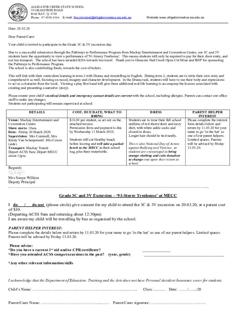 Fillable Online alligatorcreekss eq edu Grade 3C and 3V Excursion'91 ...