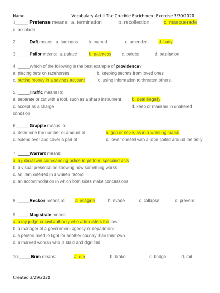 "The Crucible" -- Vocabulary from all 4 Acts Doc Template | pdfFiller