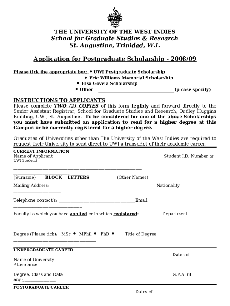 Application for Postgraduate Scholarship - UWI St. Augustine - sta uwi ...
