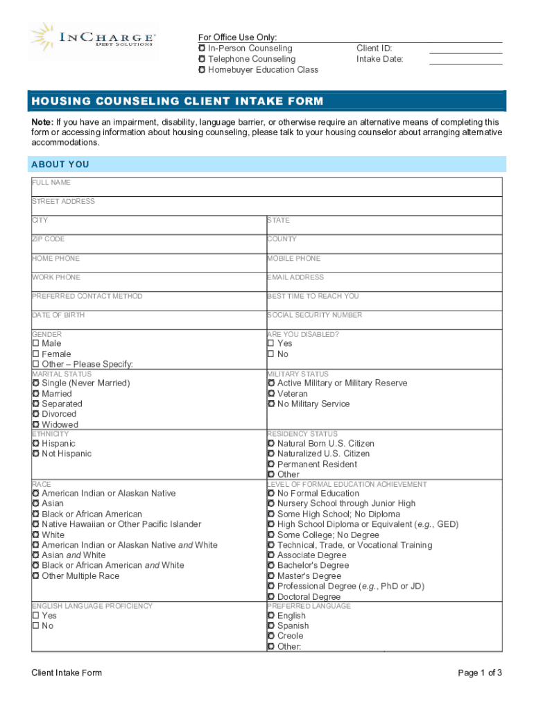 Fillable Online HOUSING COUNSELING CLIENT INTAKE FORM Fax Email Print - pdfFiller