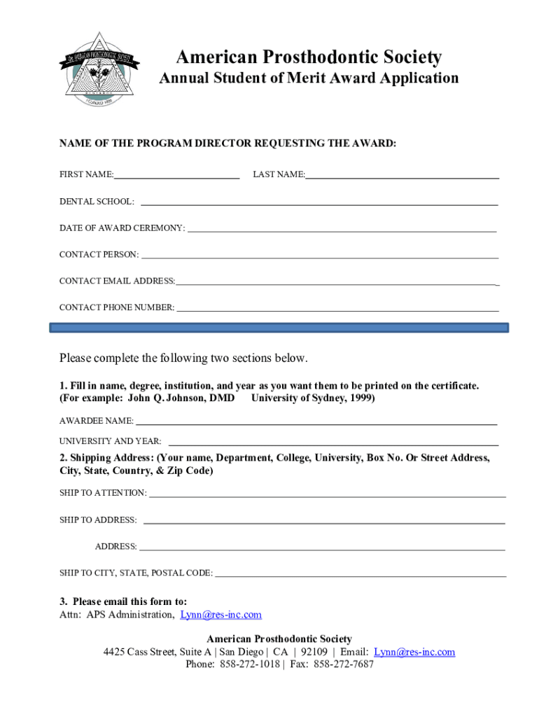 Fillable Online Annual Student of Merit Award Application Fax Email ...