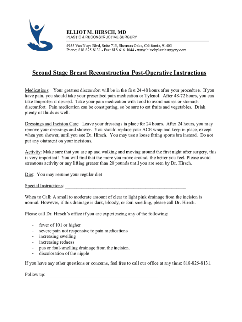 Fillable Online Second Stage breast reconstruction post op instructions Fax Email Print - pdfFiller