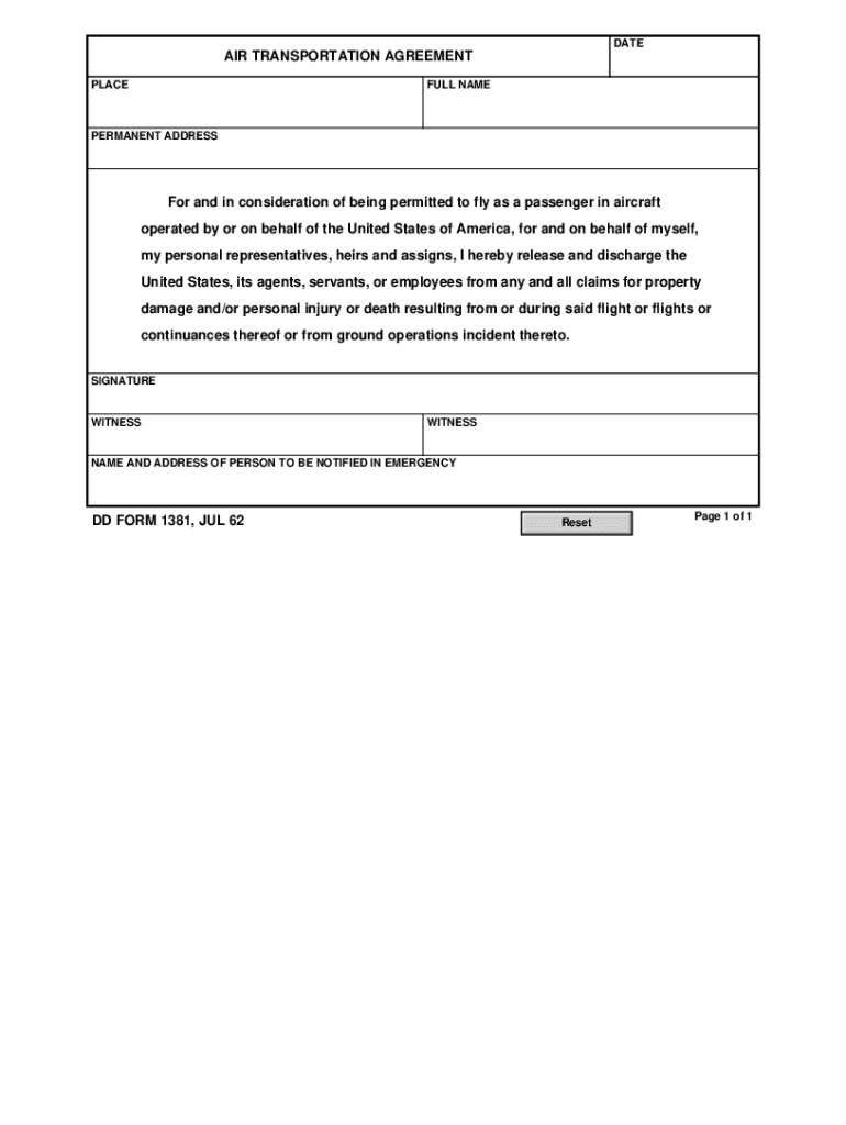 Fillable Online DD Form 1381, "AIR TRANSPORTATION AGREEMENT" Fax Email ...