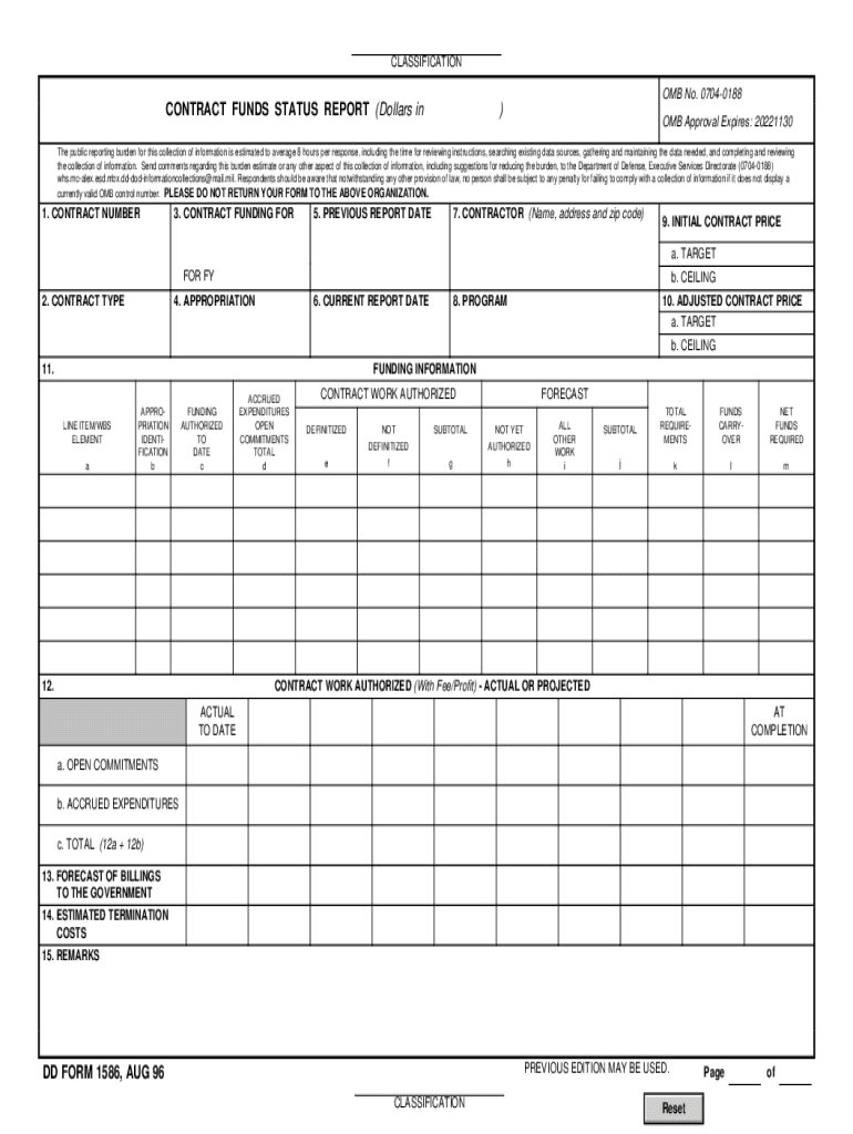 Fillable Online DD Form 1586, "Contract Funds Status Report" Fax Email ...
