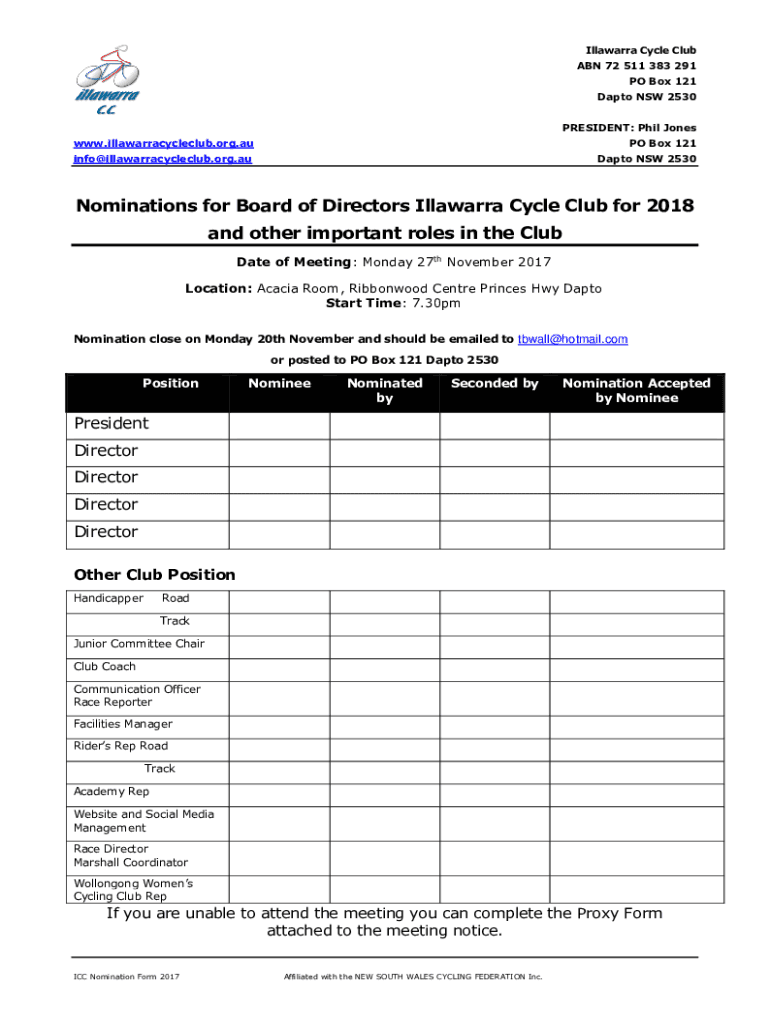 Fillable Online Illawarra Cycle Club. Committee Nomination Form Fax ...