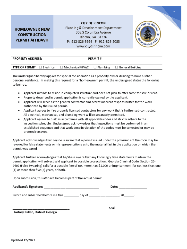 Fillable Online HOMEOWNER NEW CONSTRUCTION PERMIT AFFIDAVIT Fax Email ...