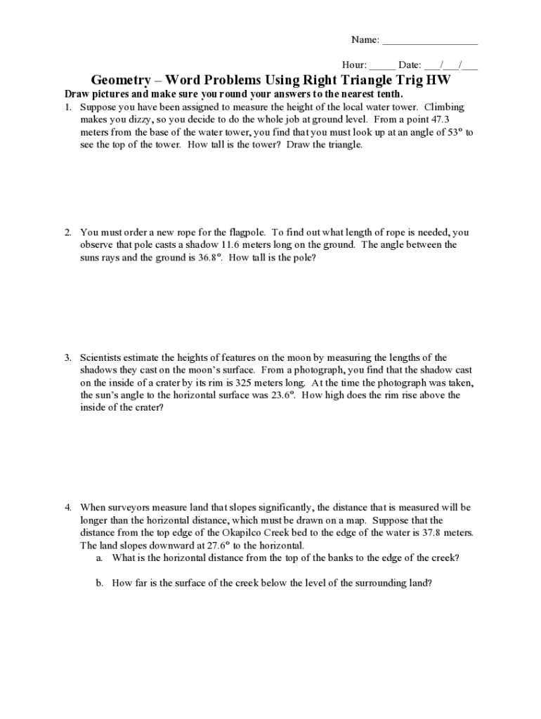 Fillable Online GeometryWord Problems Using Right Triangle Trig HW Fax ...