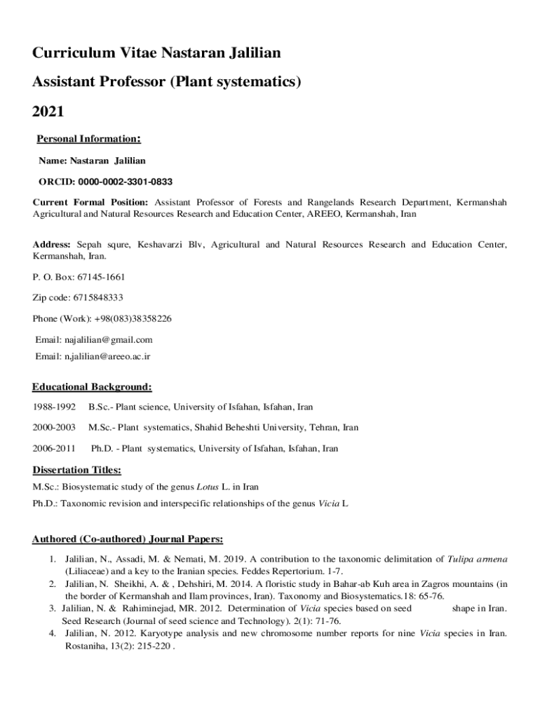 Fillable Online Curriculum Vitae Nastaran Jalilian Assistant Professor ( ... Fax Email Print ...