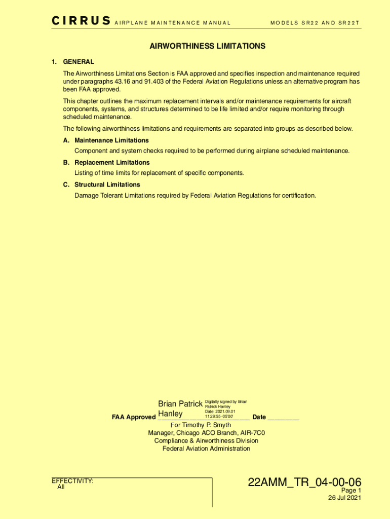 Fillable Online Cirrus Design SR22 Airplane Maintenance Manual Fax ...
