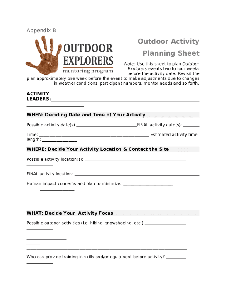 Outdoor Activity Planning Sheet - winapps umt Doc Template | pdfFiller