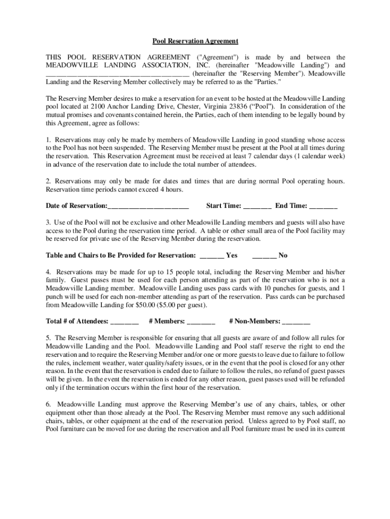 Fillable Online Pool Reservation Agreement Fax Email Print - pdfFiller