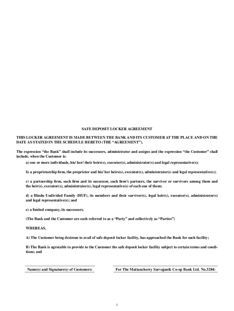 Fillable Online THIS LOCKER AGREEMENT IS MADE BETWEEN THE BANK AND ITS ...