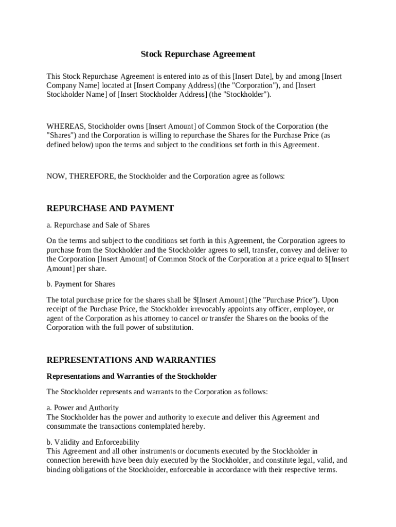 of Common Stock Repurchase Agreement Doc Template | pdfFiller