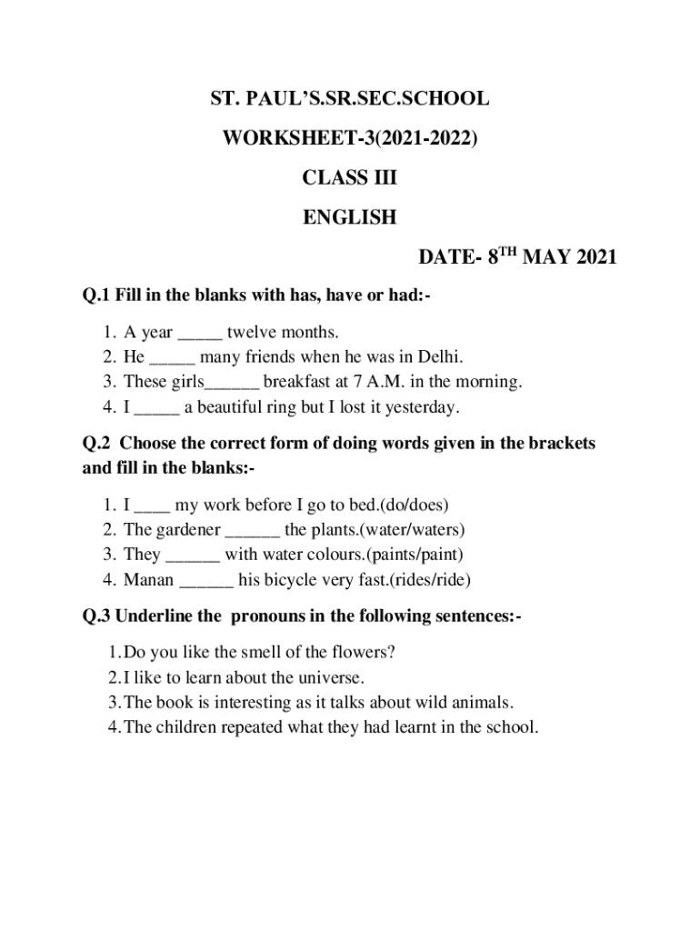 Fillable Online st. paul's.sr.sec.school worksheet-3(2021-2022) class iii ... Fax Email Print ...