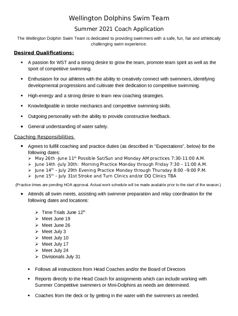 Wellington Dolphins Swim Team Member Handbook Doc Template | pdfFiller