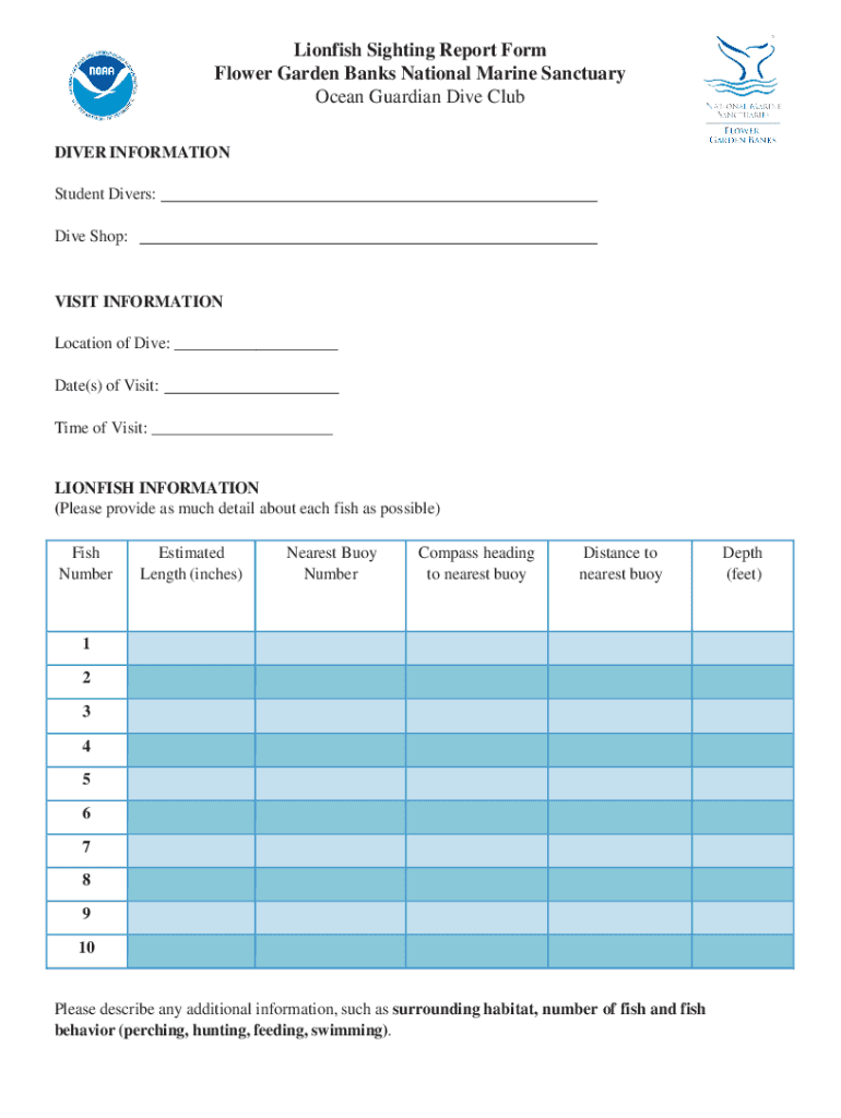 Fillable Online sanctuaries noaa Lionfish Sighting Report Form - NET ...