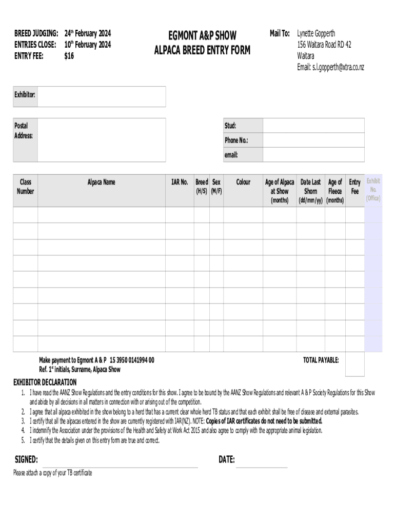 Fillable Online alpaca org EGMONT A&P SHOW ALPACA BREED ENTRY FORM Fax ...