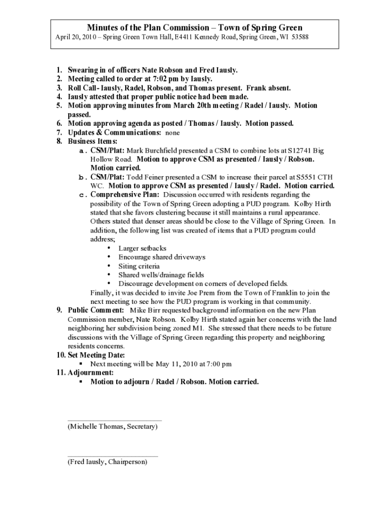 Fillable Online April 20, 2010 Spring Green Town Hall, E4411 Kennedy ...