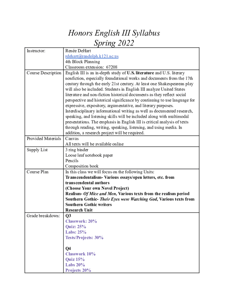 Fillable Online Mr. Jim Lindberg / English III Honors / Syllabus Fax ...