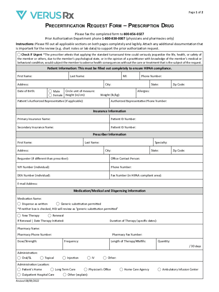 Fillable Online PRECERTIFICATION REQUEST FORM PRESCRIPTION ... Fax Email Print - pdfFiller