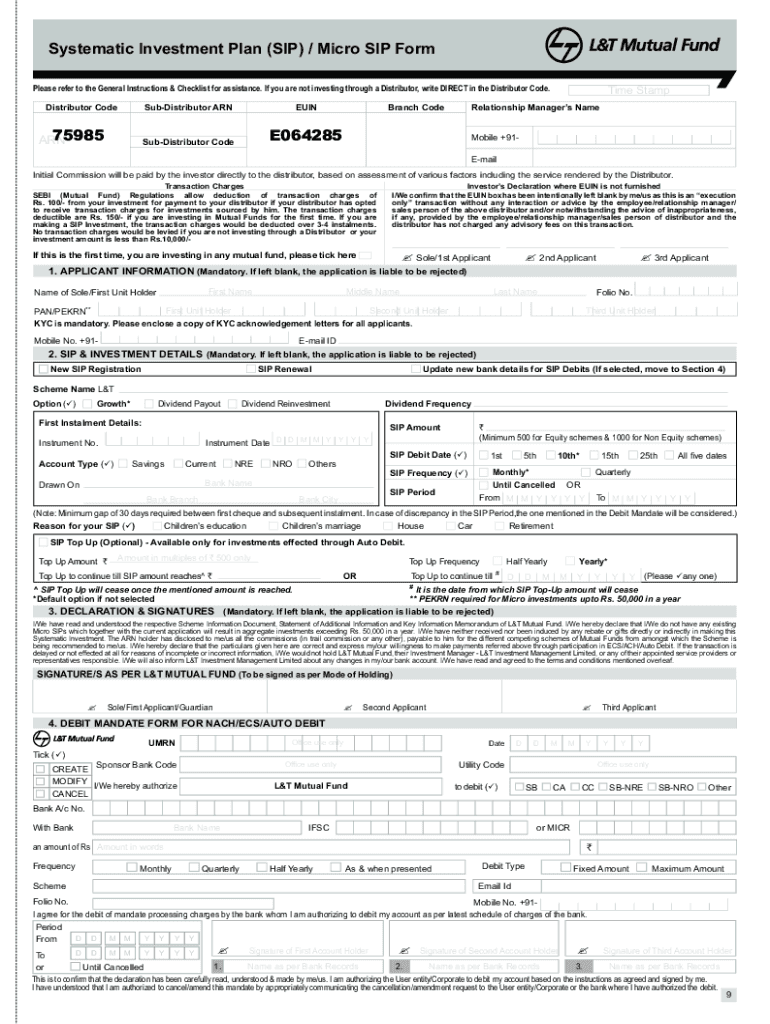 Fillable Online Systematic Investment Plan (SIP) / Micro SIP Form - L& ... Fax Email Print ...