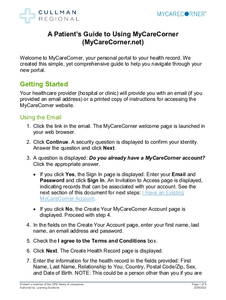 Fillable Online A Patient's Guide to Using MyCareCorner.net Fax Email ...