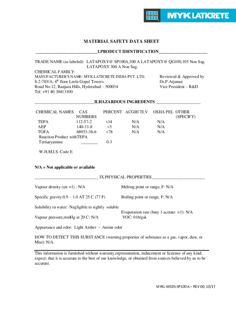 Fillable Online Safety data sheet of 'LATAPOXY 300 ADHESIVE part.A Fax Email Print - pdfFiller
