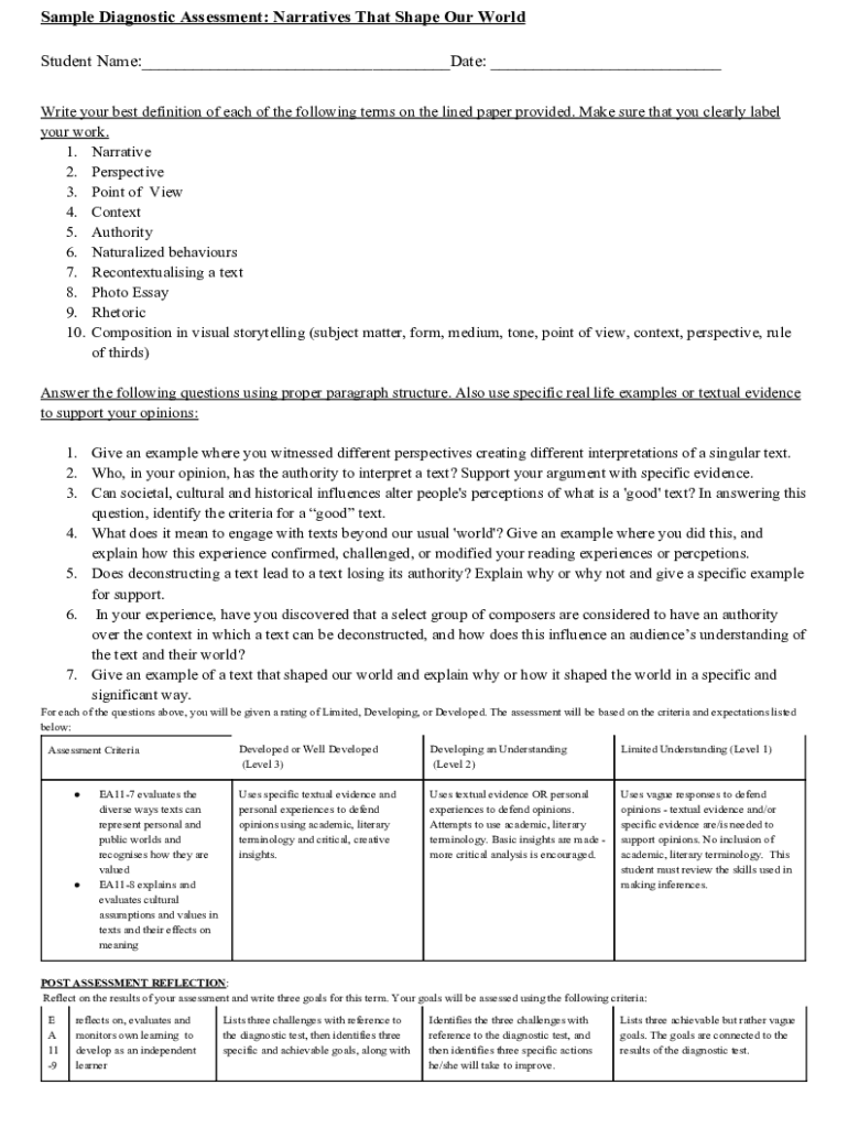 Fillable Online Diagnostic Assessment: Narratives That Shape Our World ...