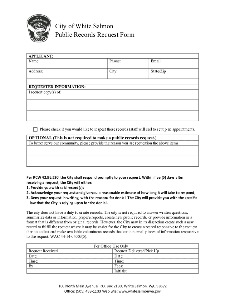 Fillable Online City of White Salmon Public Records Request Form Fax Email Print - pdfFiller