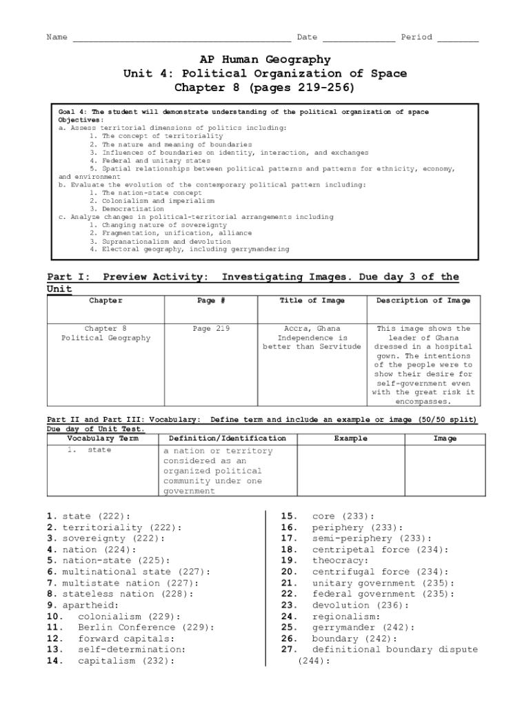 Fillable Online AP Human Geo: Unit 4 Political Organization of Space ...