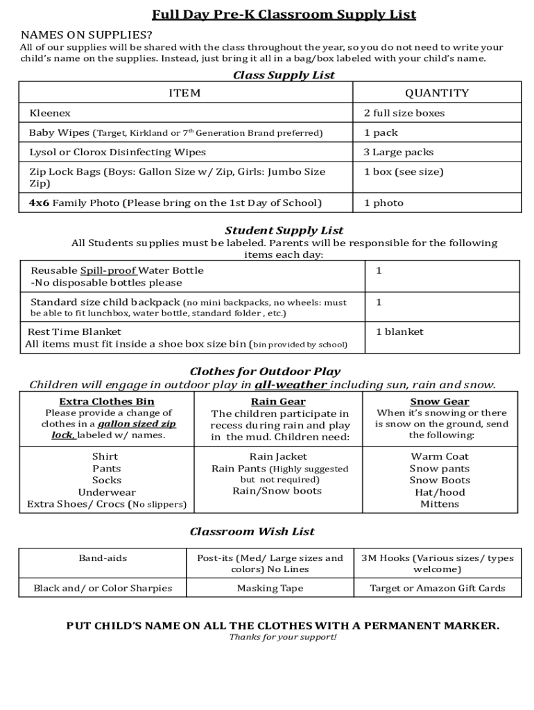 Completable En línea Full-Day Pre-K Supply List 2022 Fax Email Imprimir ...