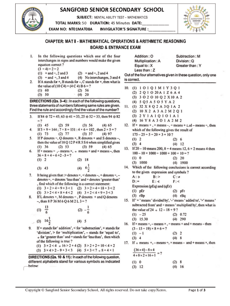 Fillable Online SUBJECT: MENTAL ABILITY TEST MATHEMATICS Fax Email ...