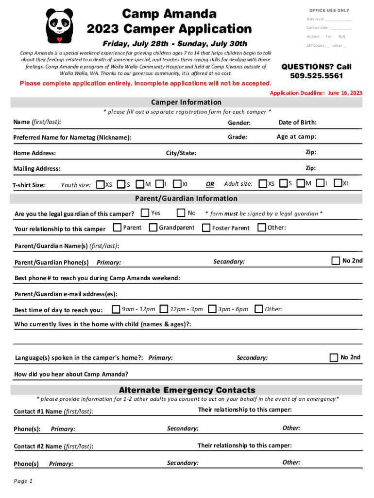 Fillable Online Camp Amanda 2023 Camper Application Fax Email Print ...