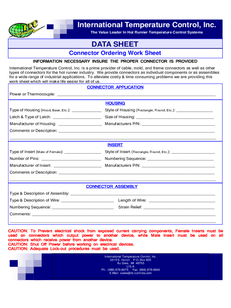 Fillable Online DATA SHEET - CONNECTOR ORDERING WORK SHEET Fax Email Print - pdfFiller