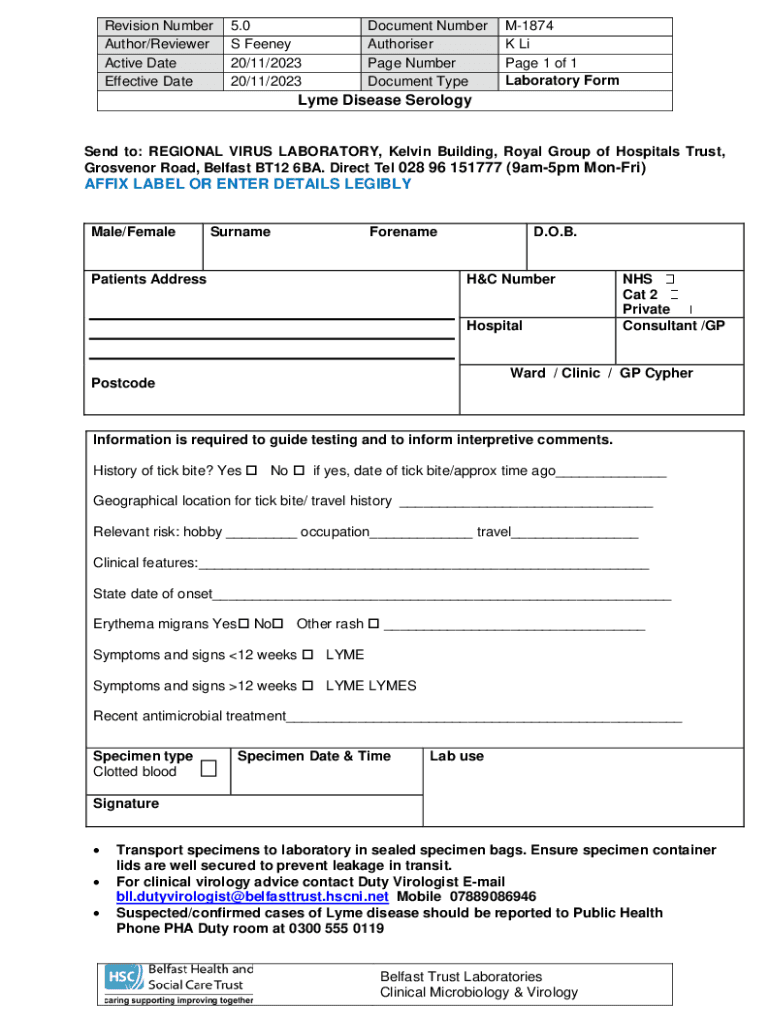 Fillable Online rvl-belfast hscni Lyme Disease Serology AFFIX LABEL OR ...