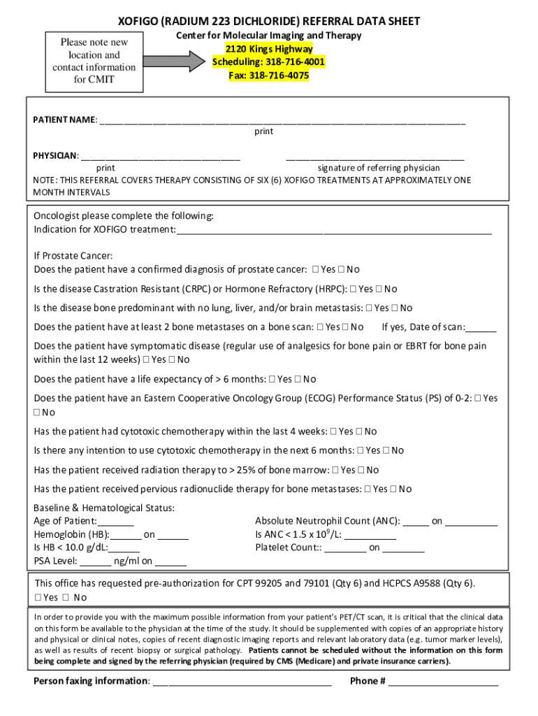 Fillable Online xofigo (radium 223 dichloride) referral data sheet ...